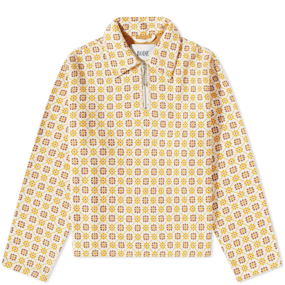 Bode Men's Floral Jacquard Quarter Zip Pullover in Marigold Multi Bode