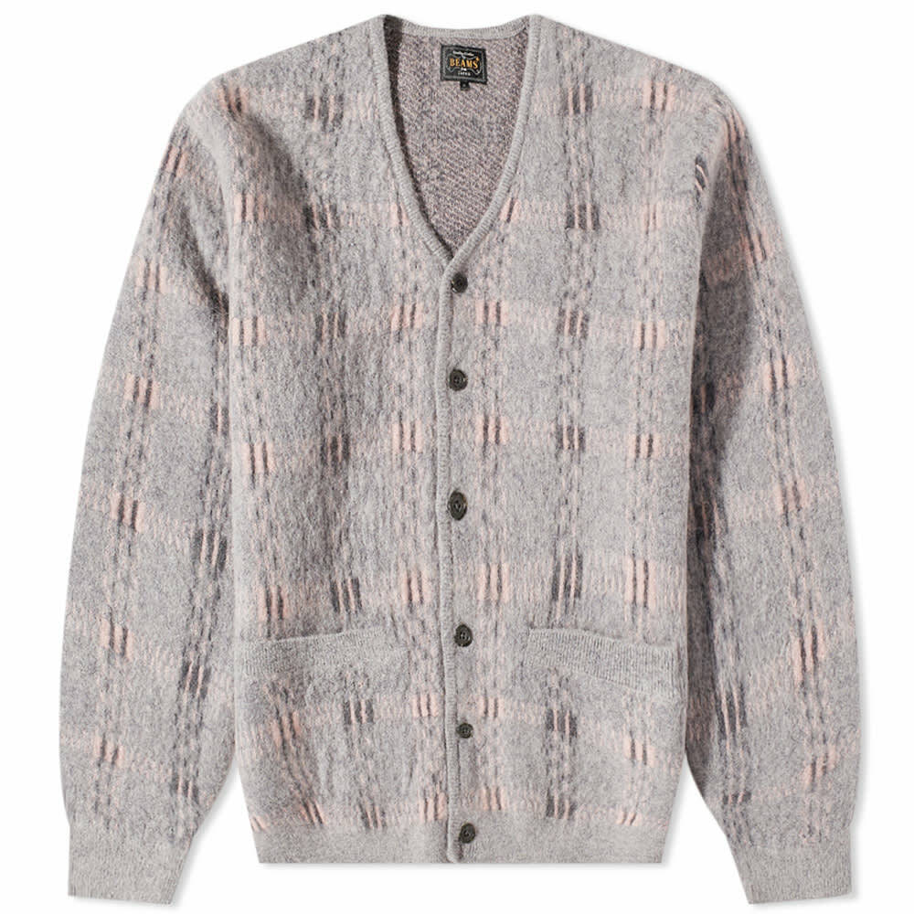 Beams Plus Men's Check Jacquard Mohair Cardigan in Grey Beams Plus