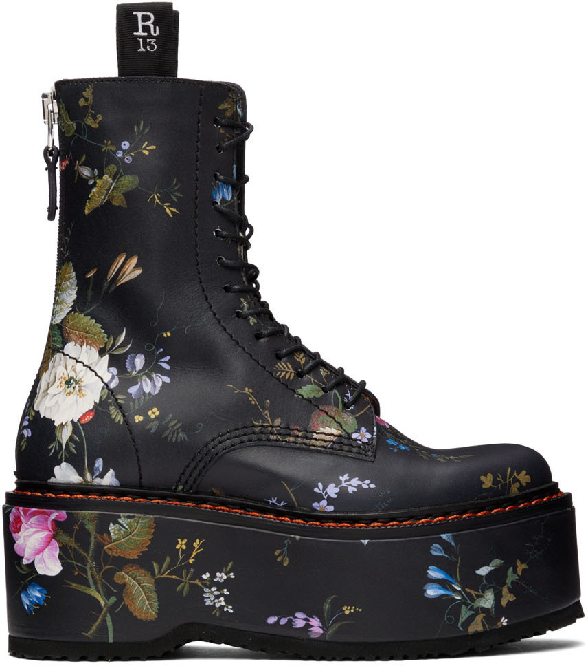 R13 Black Floral Double Stack Platform Lace-Up Boots R13