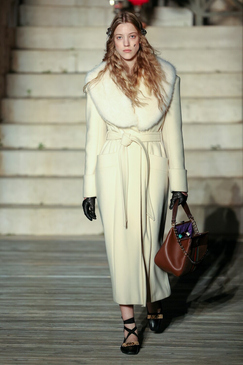 Gucci - Faux fur-trimmed belted wool coat Gucci