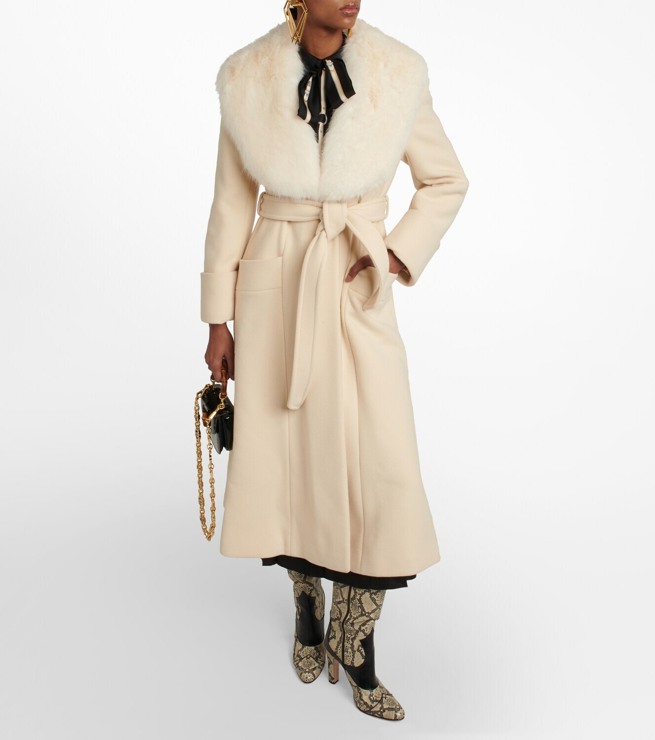 Gucci - Faux fur-trimmed belted wool coat Gucci