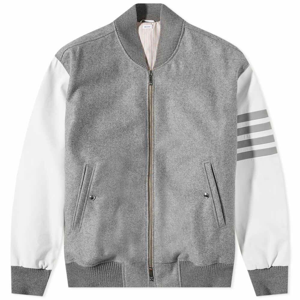 Thom Browne Men's Melton & Leather Varsity Jacket in Medium Grey Thom ...