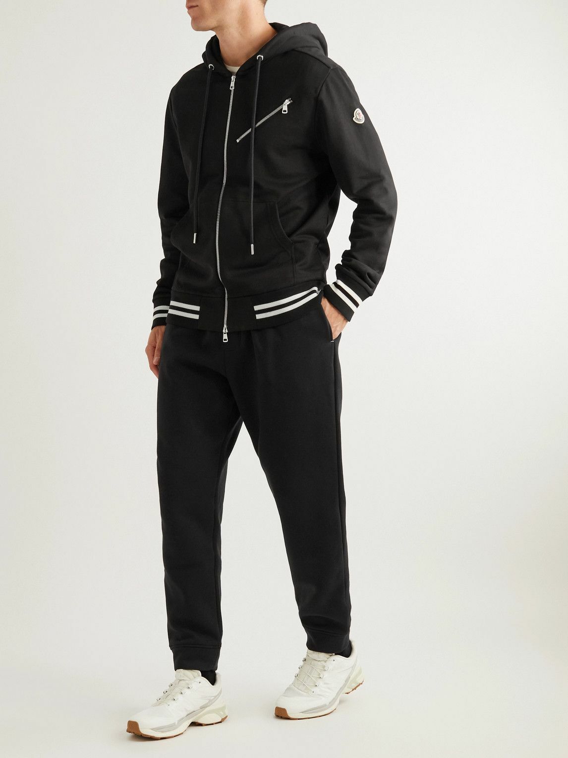 Moncler - Striped Logo-Appliquéd Cotton-Jersey Zip-Up Hoodie - Black ...