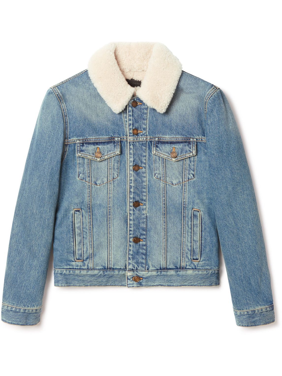 SAINT LAURENT - Shearling-Trimmed Denim Trucker Jacket - Blue Saint Laurent
