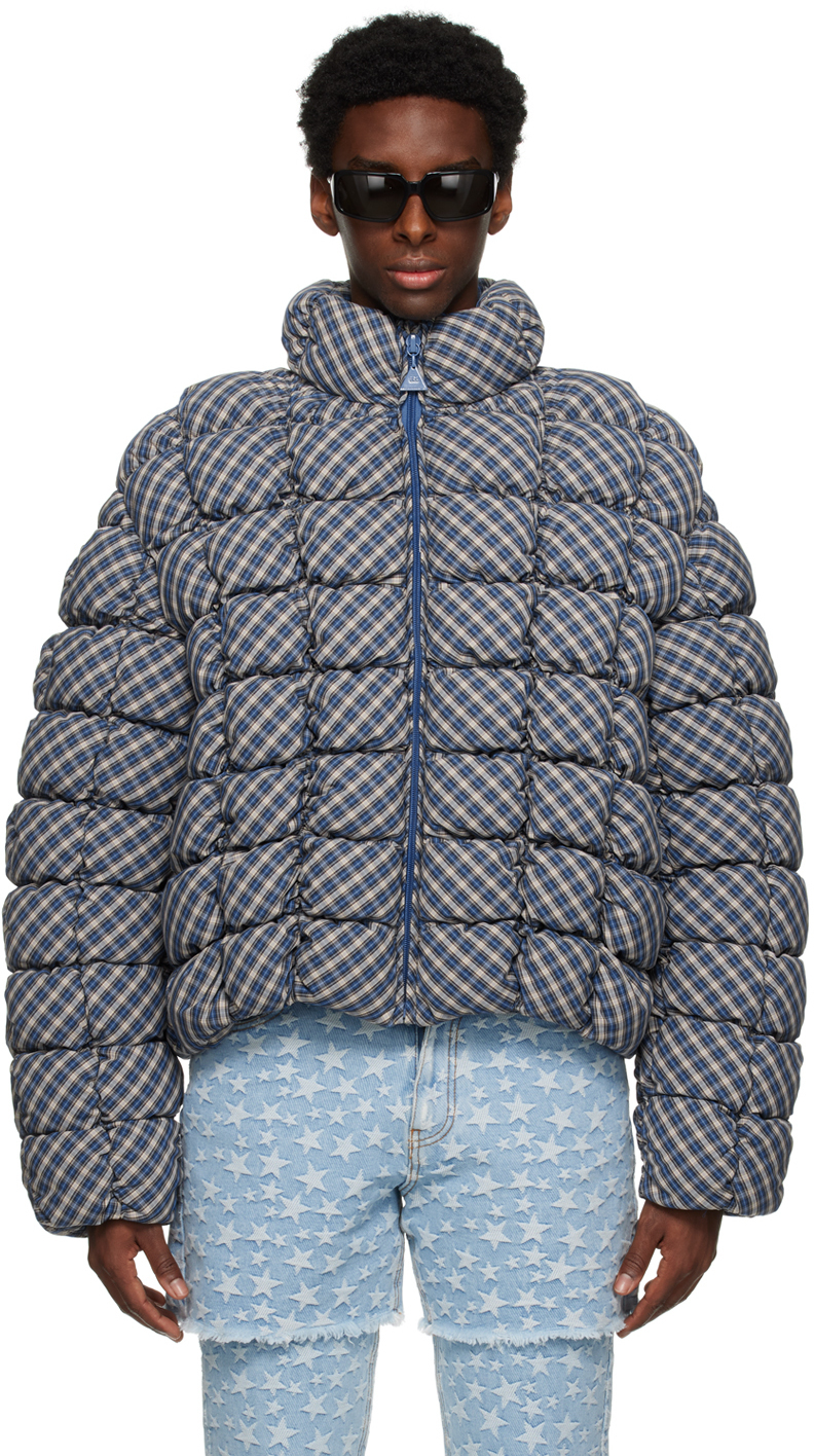 ERL Blue & Beige Plaid Biscuit Down Coat ERL