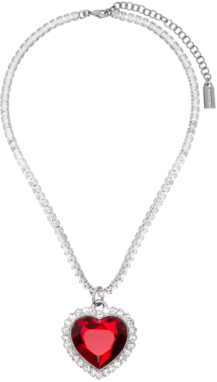 VETEMENTS Silver & Red Crystal Heart Necklace Vetements