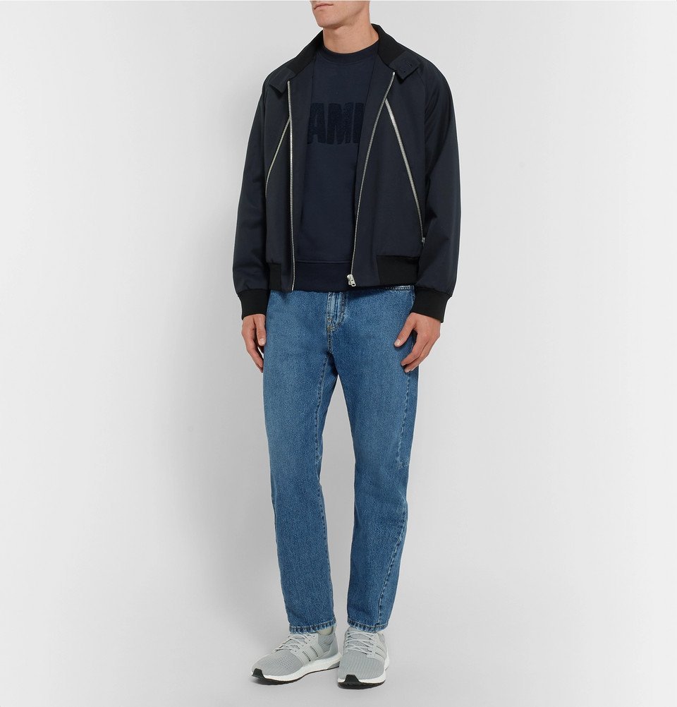 AMI - Logo-Flocked Fleece-Back Cotton-Jersey Sweatshirt - Men - Navy AMI