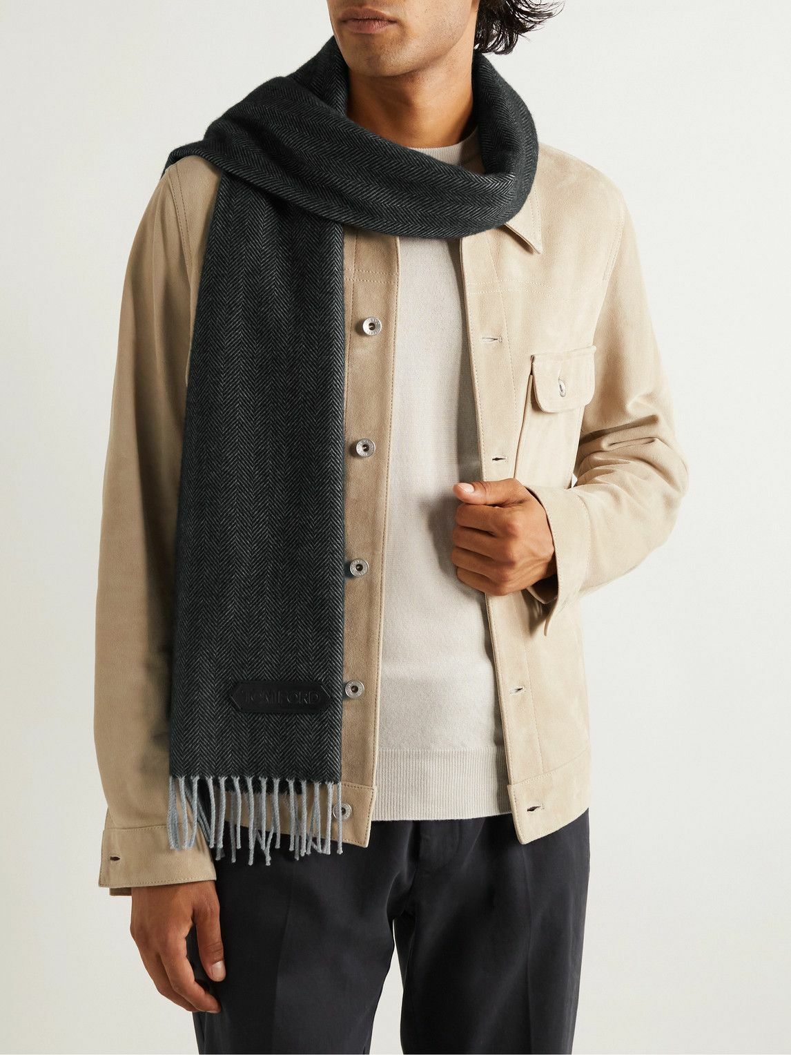 TOM FORD - Logo-Appliquéd Herringbone Wool and Cashmere-Blend Scarf TOM ...