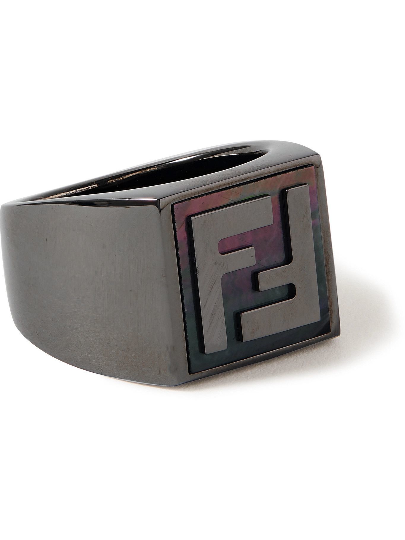 FENDI - Logo-Detailed Ruthenium-Tone and Mother-of-Pearl Signet Ring ...
