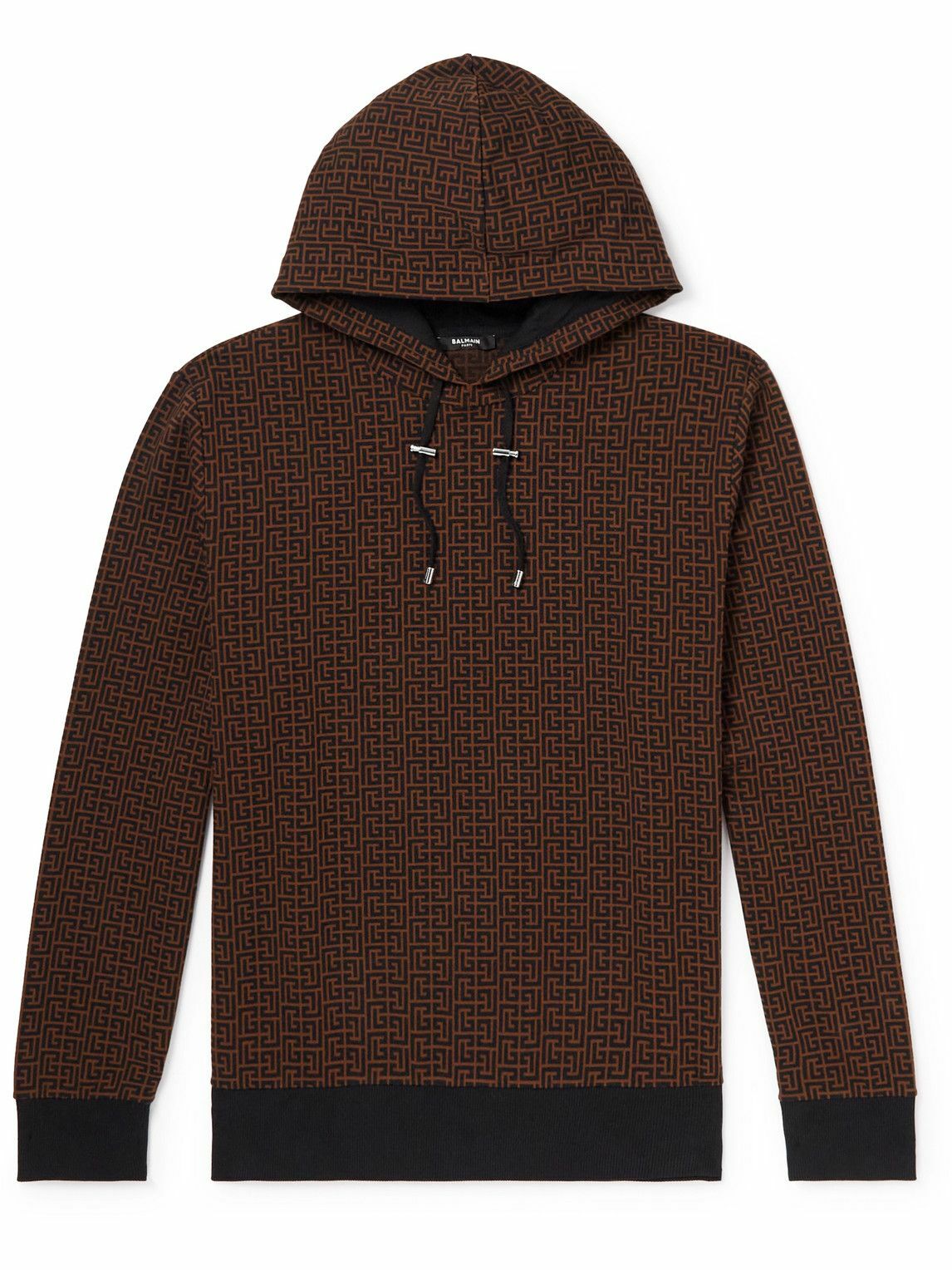 Balmain - Monogrammed Cotton-Blend Jersey Hoodie - Brown Balmain