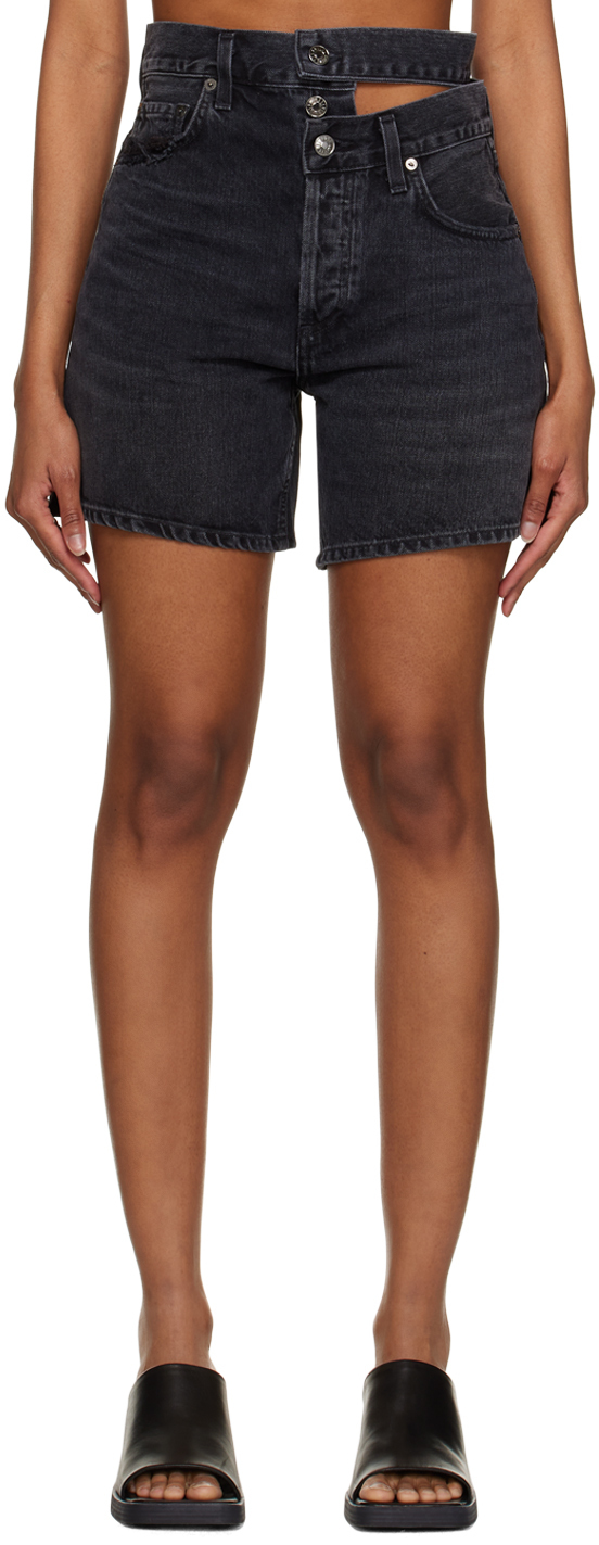 AGOLDE Black Broken Waistband Denim Shorts AGOLDE