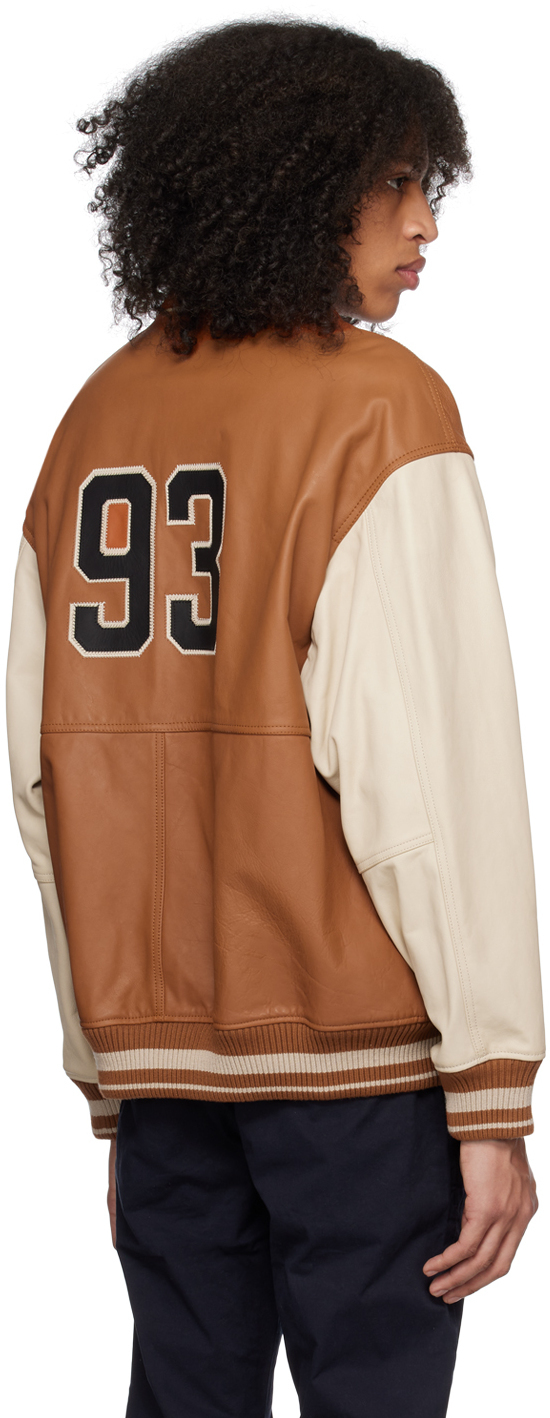 Hugo Orange & Beige Color-Blocked Varsity Leather Jacket Hugo Boss