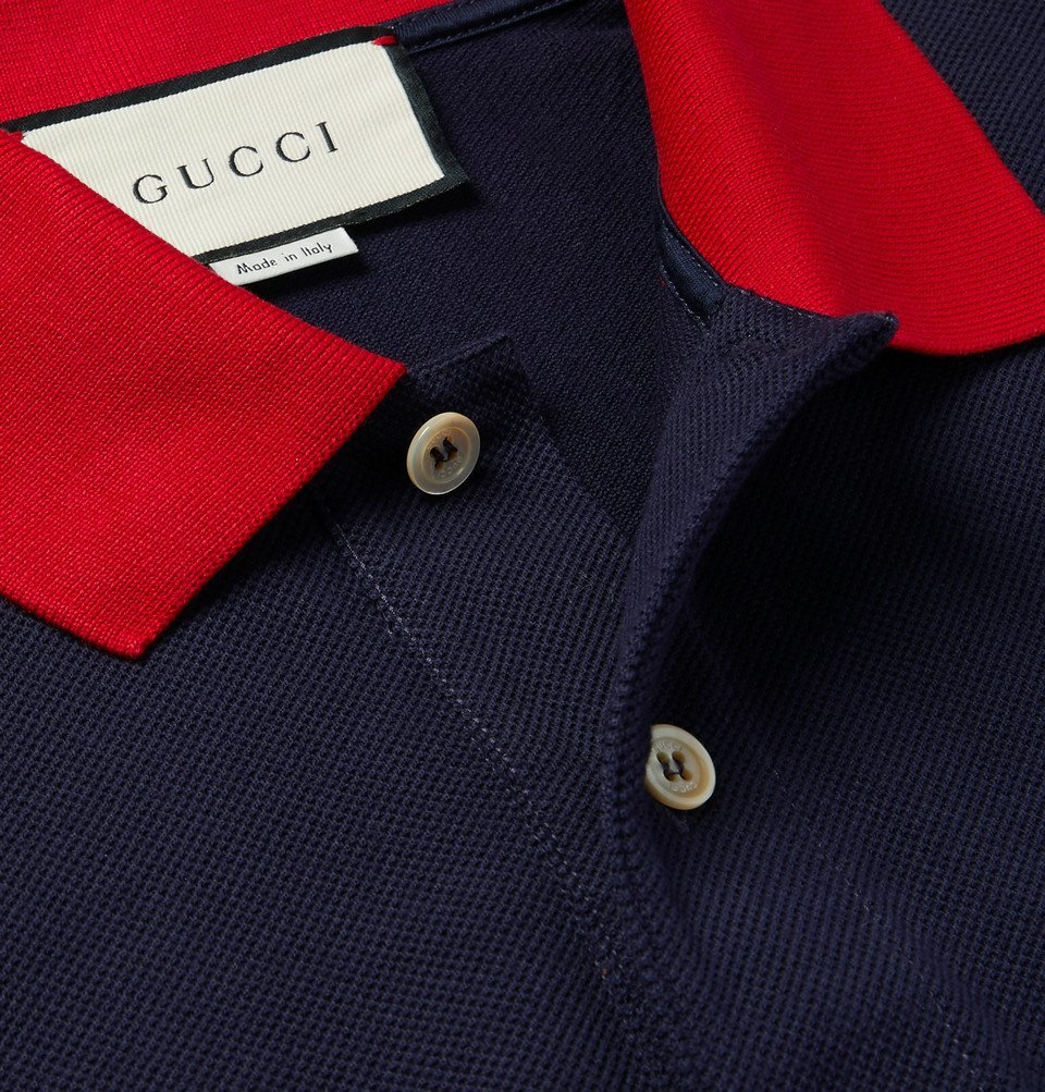Gucci Logo Embroidered Stretch Cotton Piqué Polo Shirt Navy Gucci