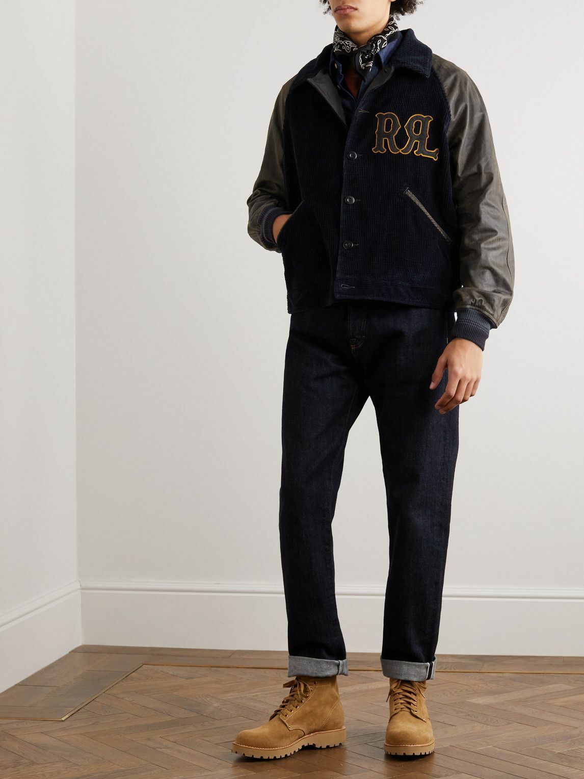 RRL - Logo-Appliquéd Cotton-Corduroy and Leather Bomber Jacket - Black RRL