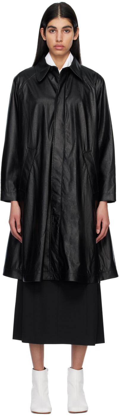 MM6 Maison Margiela Black A-Line Faux-Leather Coat MM6 Maison Margiela