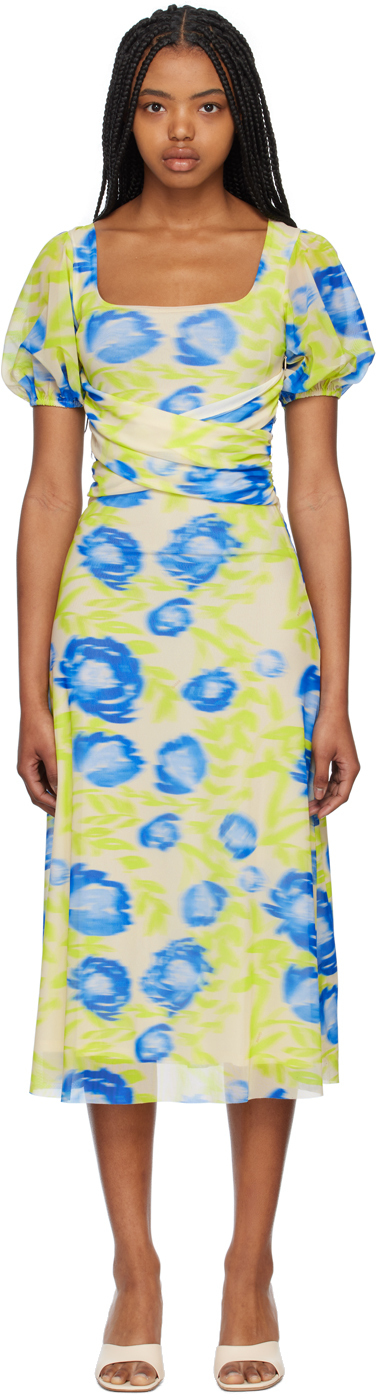 GANNI Green & Blue Printed Midi Dress GANNI