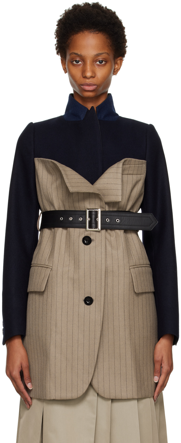sacai Navy & Beige Belted Coat Sacai
