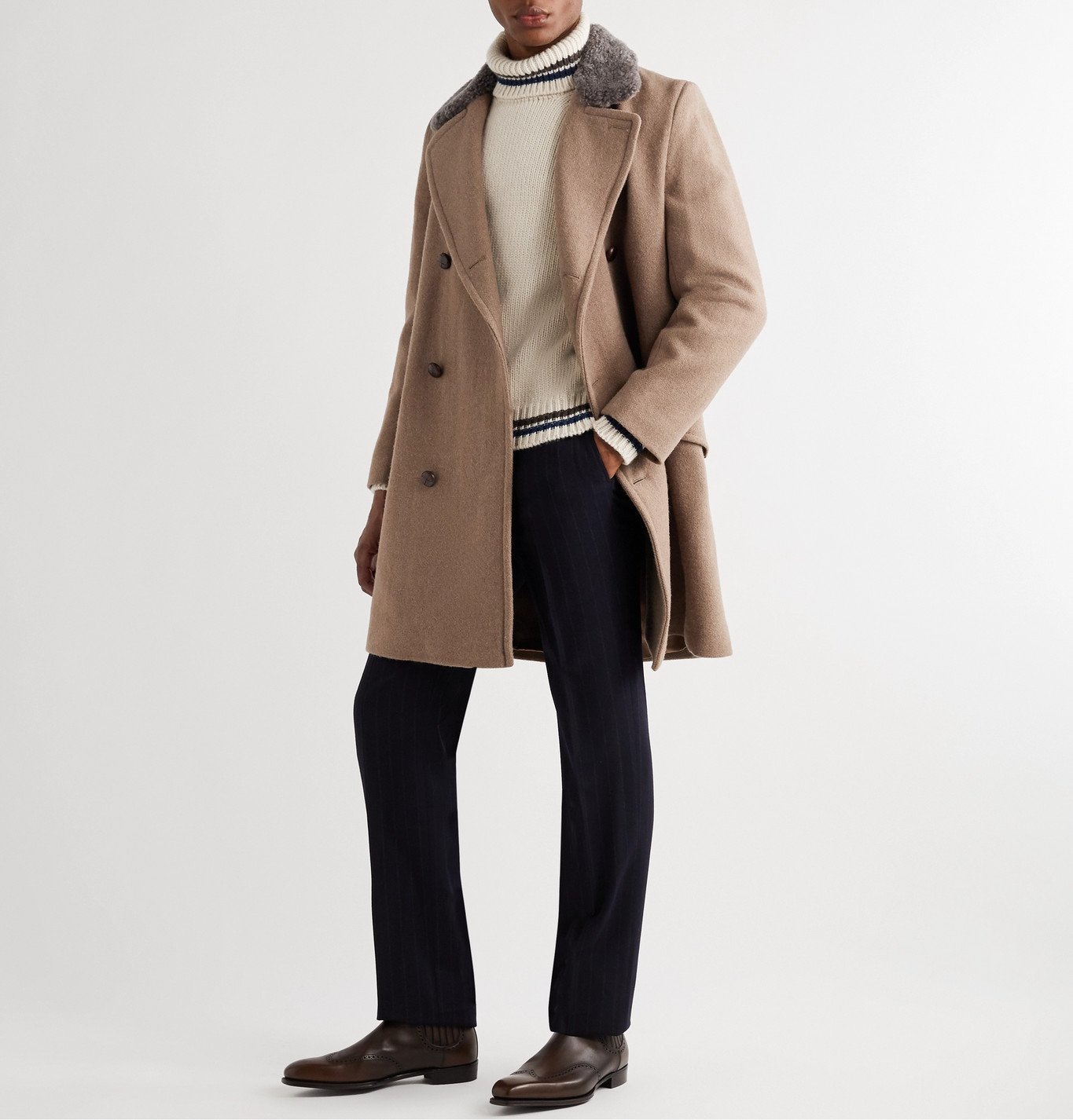 Kingsman - Conrad Double-Breasted Shearling-Trimmed Wool Coat - Brown ...