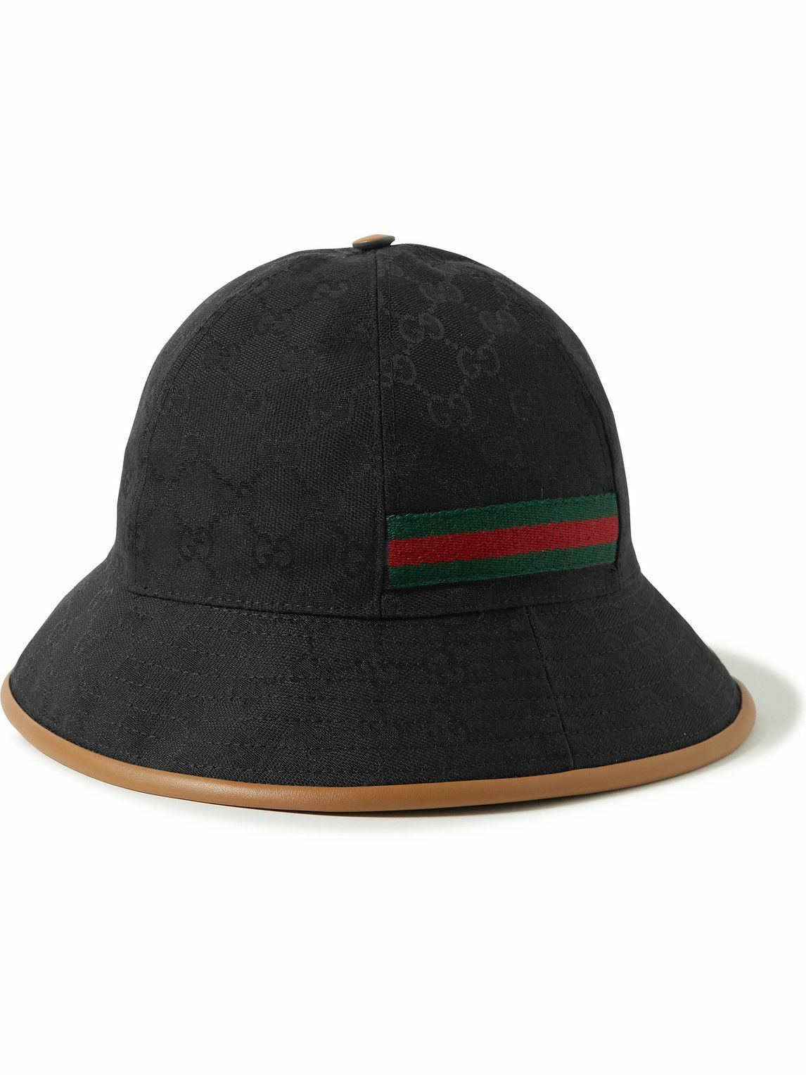 GUCCI - Leather and Webbing-Trimmed Monogrammed Canvas Bucket Hat ...