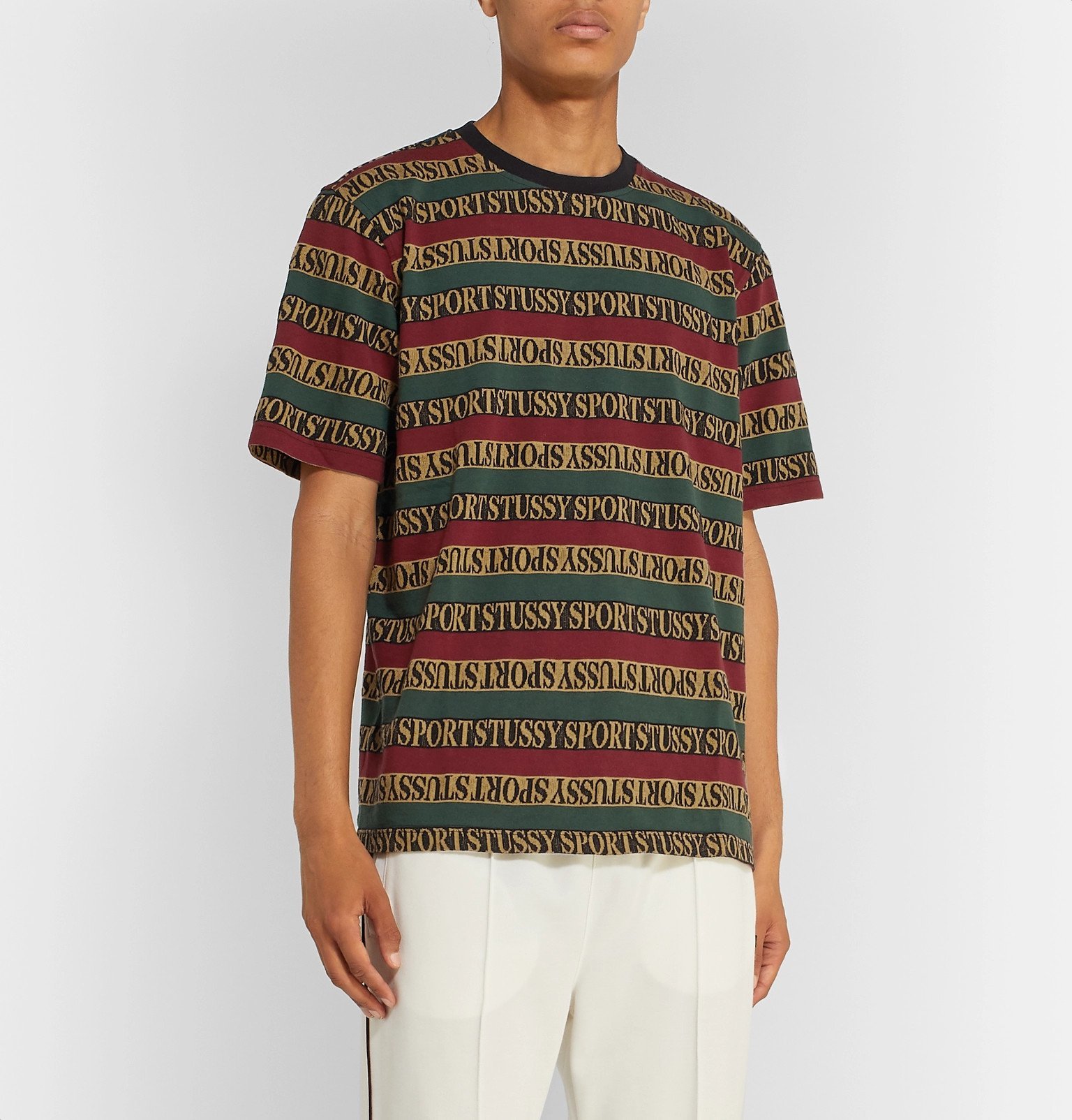 Stüssy - Logo-Jacquard Striped Cotton T-Shirt - Green Stussy