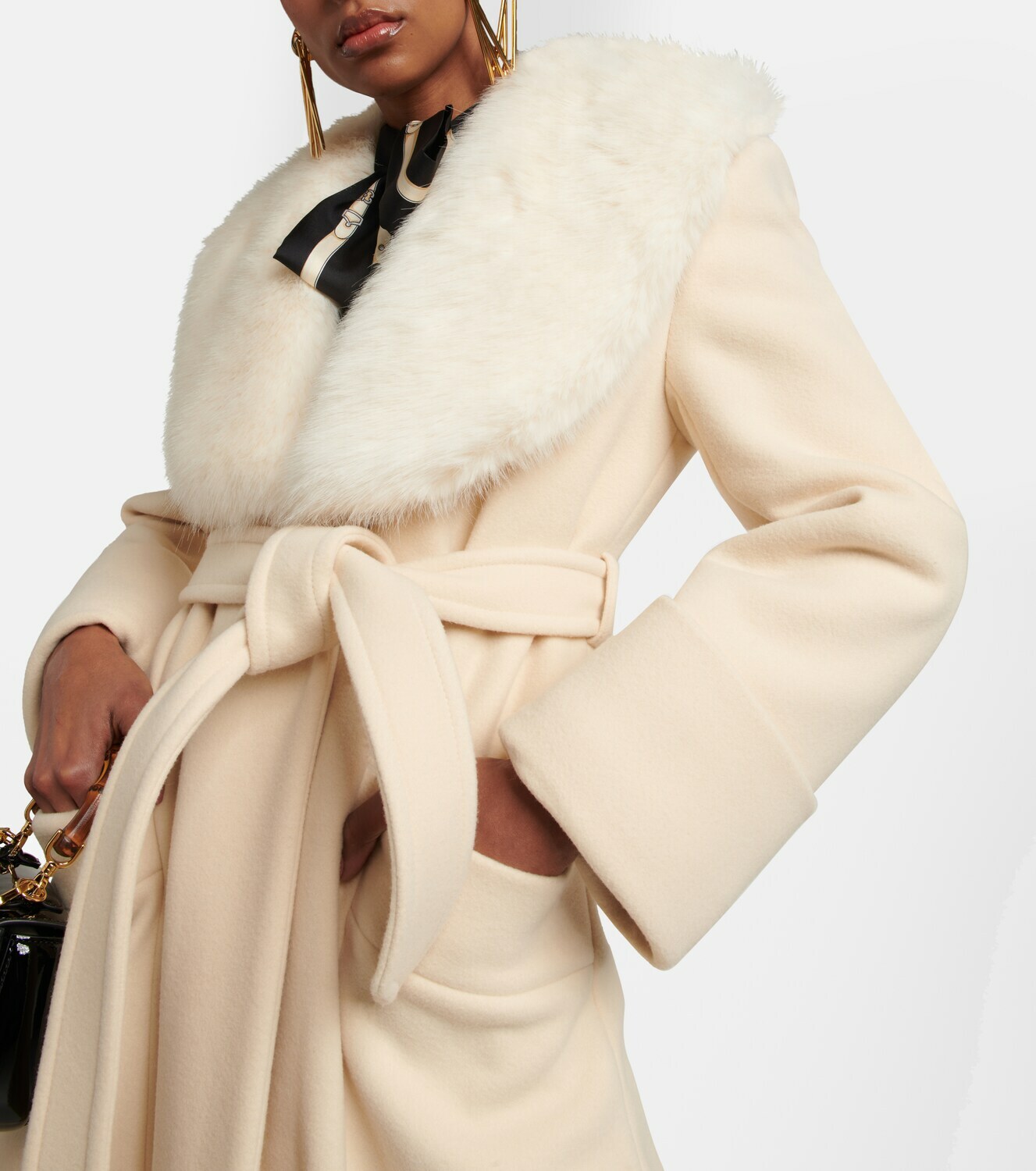 Gucci - Faux fur-trimmed belted wool coat Gucci