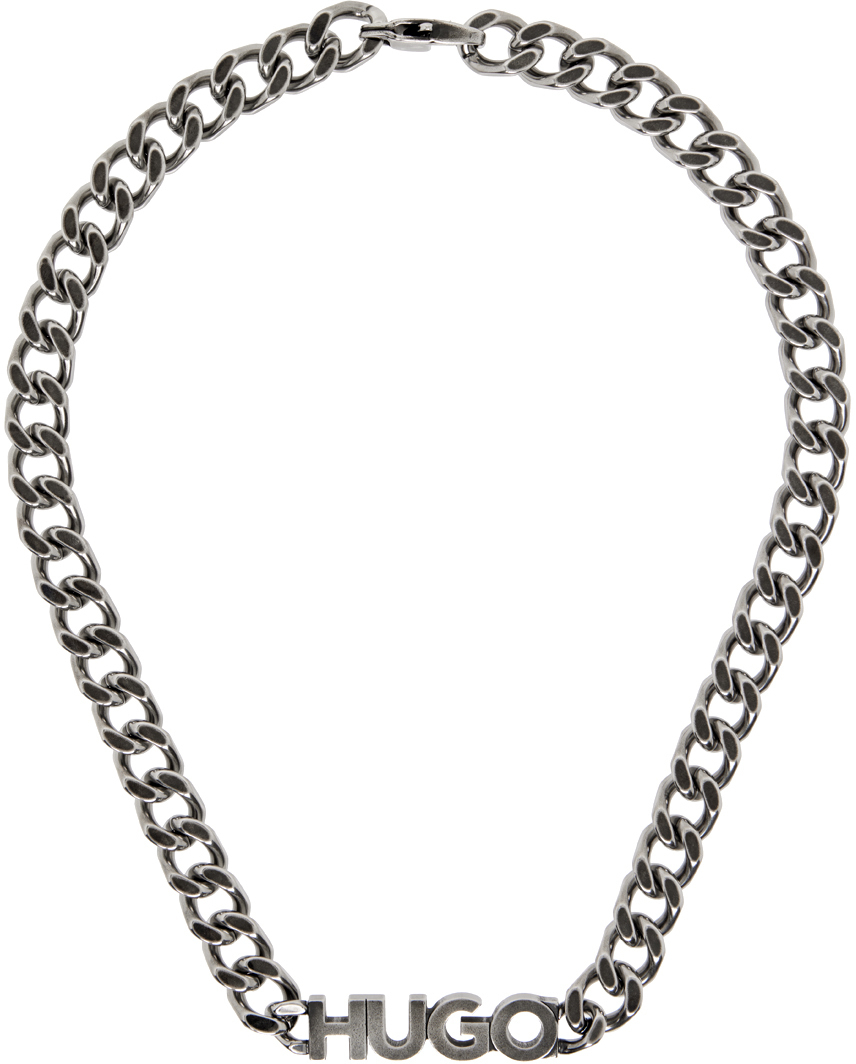 Hugo Gunmetal Logo Plaque Necklace Hugo Boss