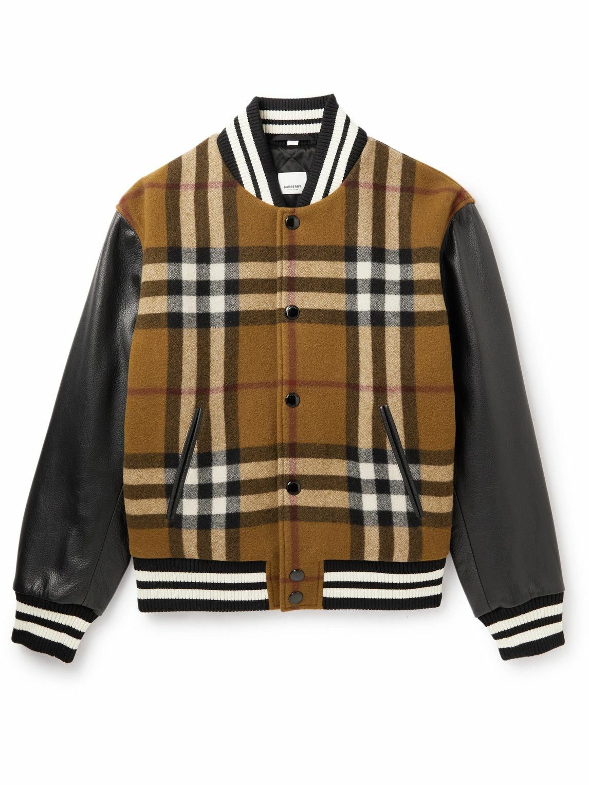 Burberry - Checked Wool-Blend and Full-Grain Leather Varsity Jacket ...