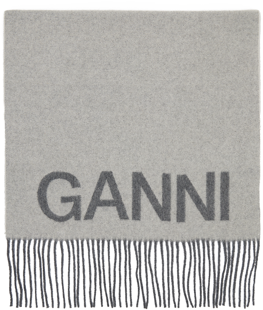 GANNI Gray Fringe Logo Scarf GANNI