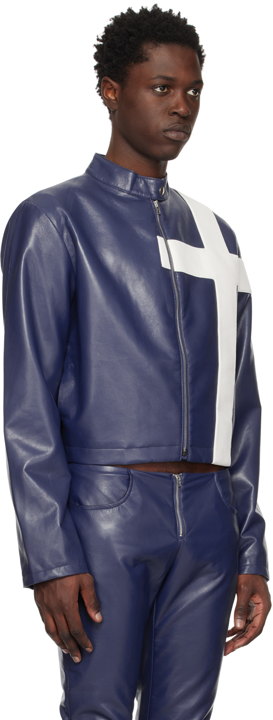 Mowalola Blue Paneled Faux-Leather Jacket Mowalola