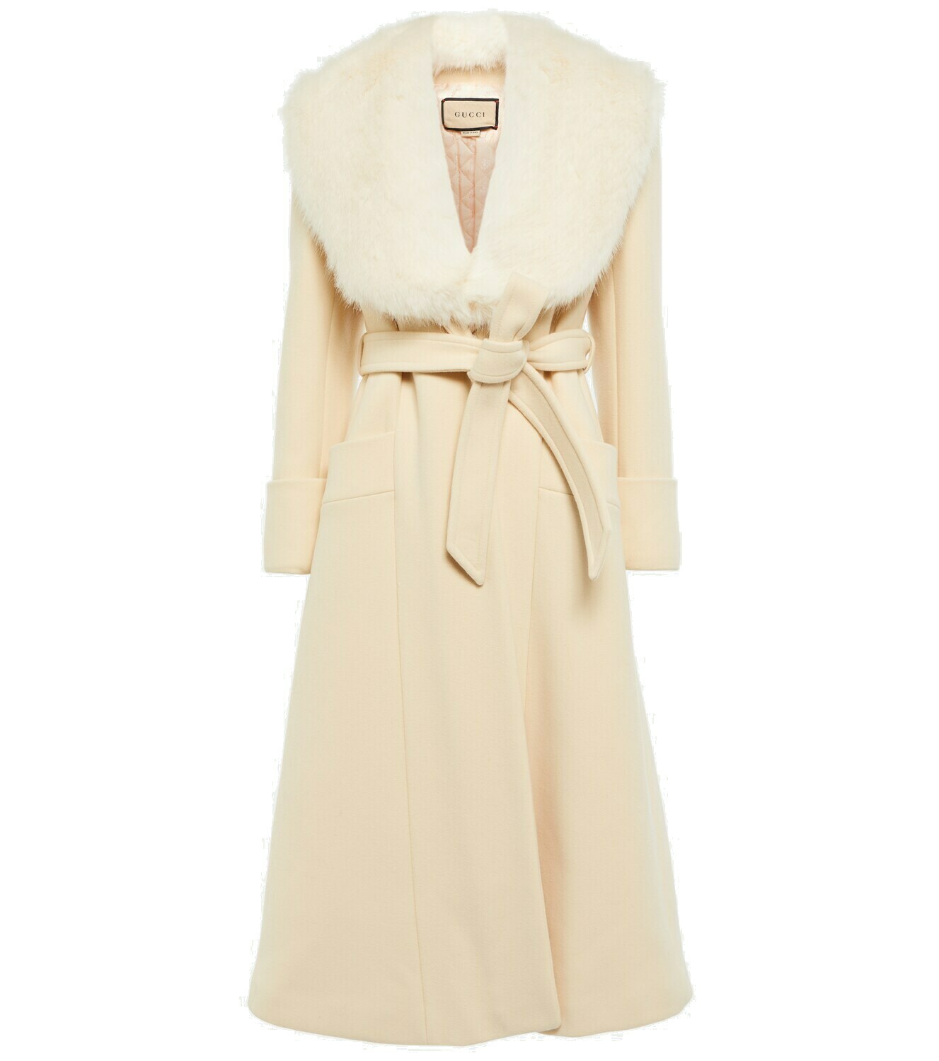 Gucci - Faux fur-trimmed belted wool coat Gucci