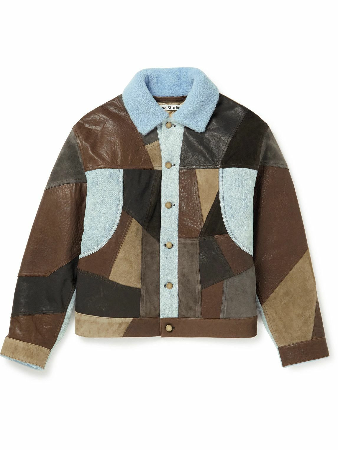 Acne Studios - Shearling-Trimmed Patchwork Leather and Denim Jacket - Brown Acne Studios