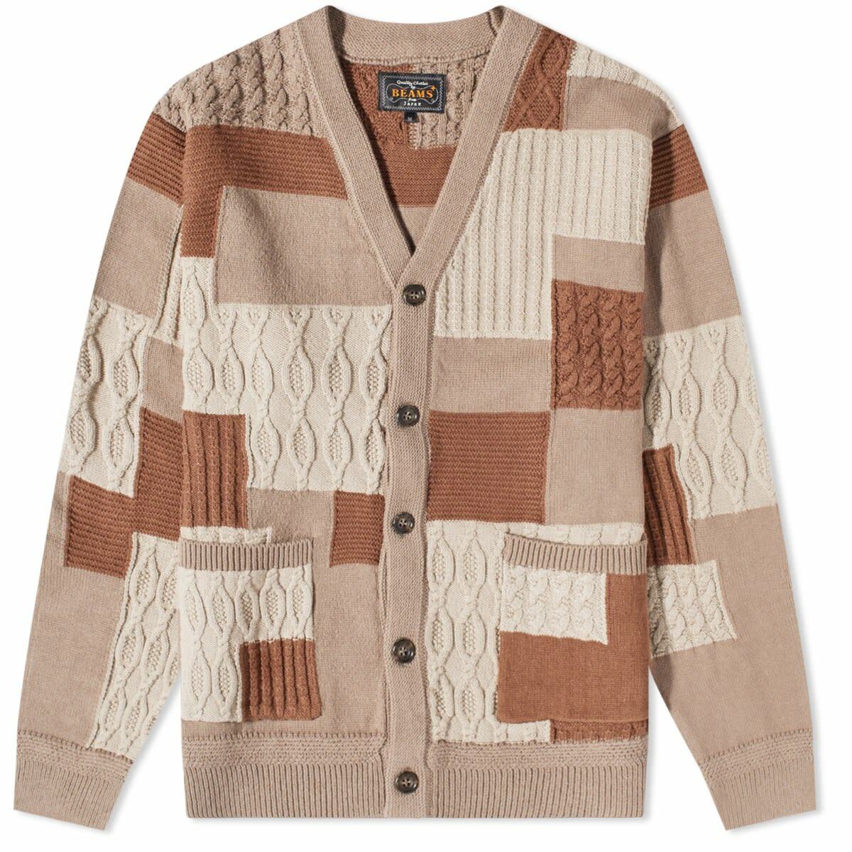 Beams Plus Men's Patchwork Jaquard Cardigan in Brown Beams Plus