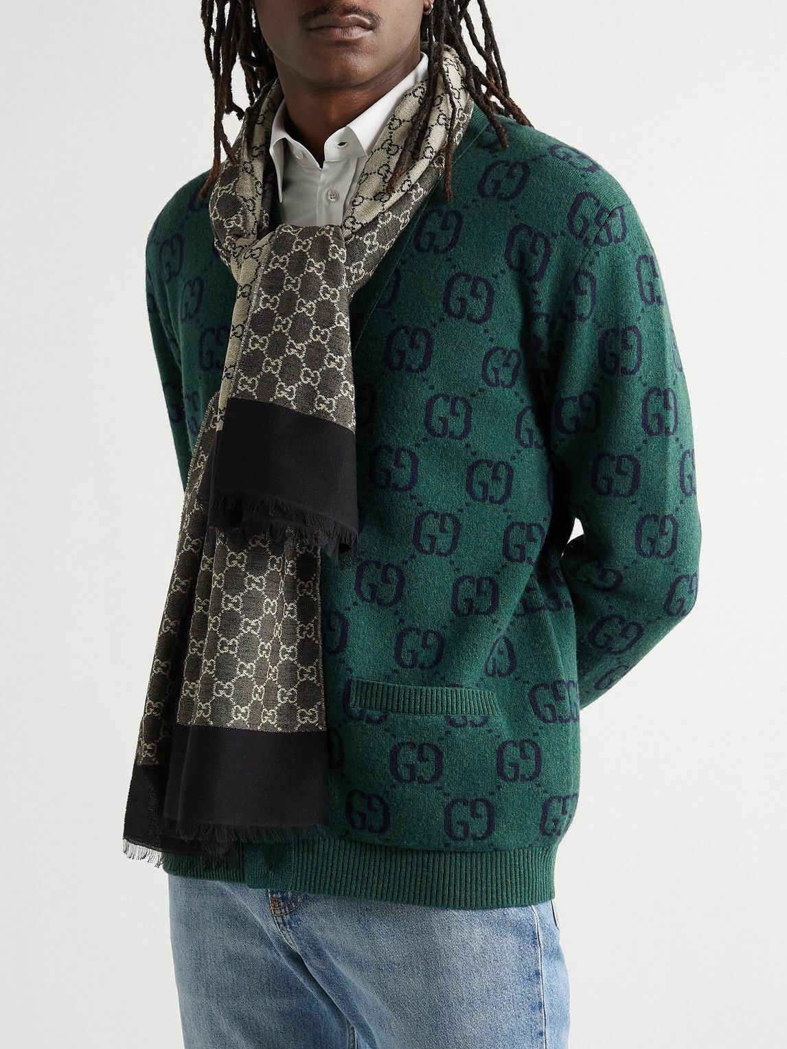 GUCCI - Fringed Logo-Jacquard Cotton Scarf Gucci