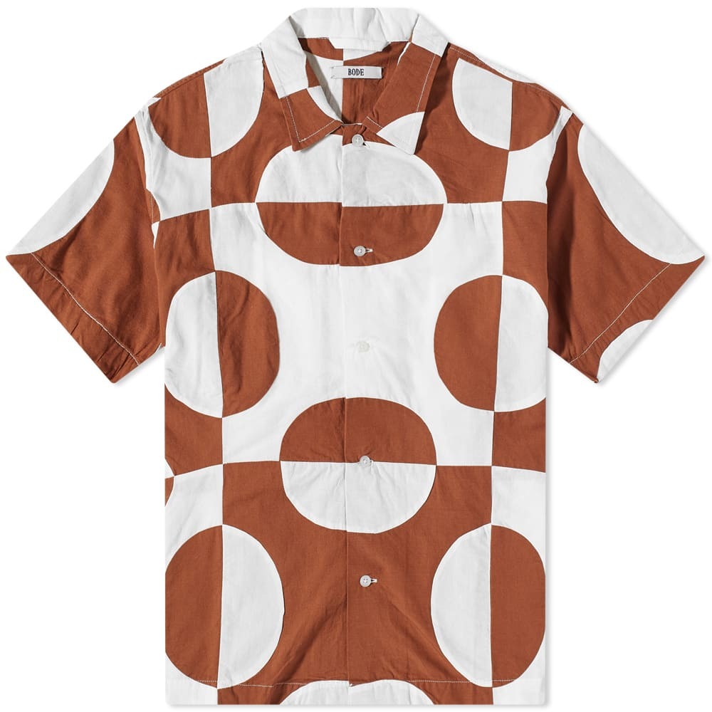 Bode Men's Duo Oval Patchwork Short Sleeve Shirt in Brown White Bode