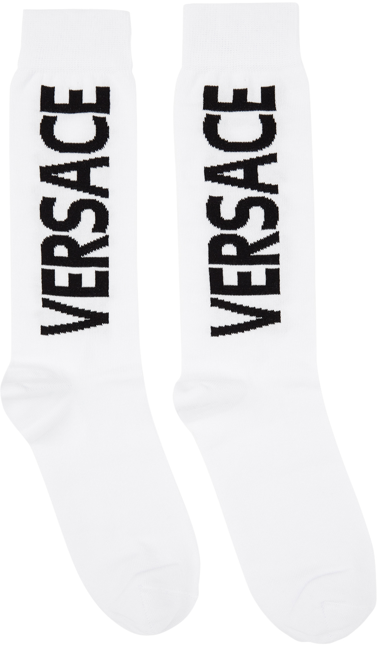 Versace White & Black Long Logo Socks Versace