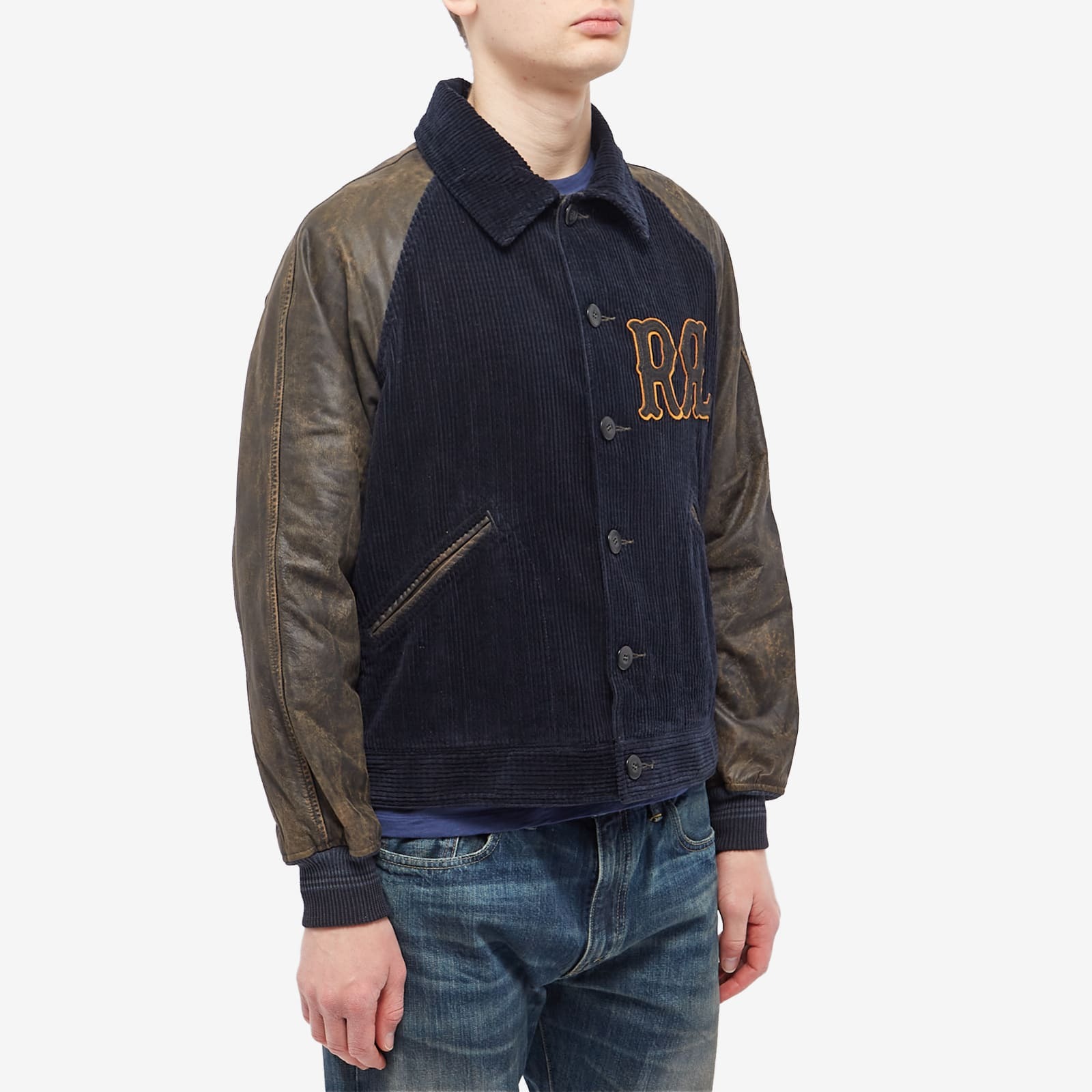 RRL Men's Farewell Varsity Lined Bomber Jacket in Black/Deep Navy RRL