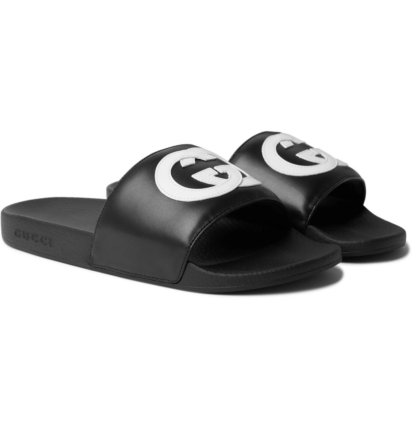 GUCCI - Logo-Appliquéd Leather Slides - Black Gucci