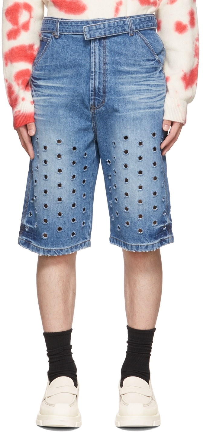We11done Blue Denim Cut-Out Shorts We11done