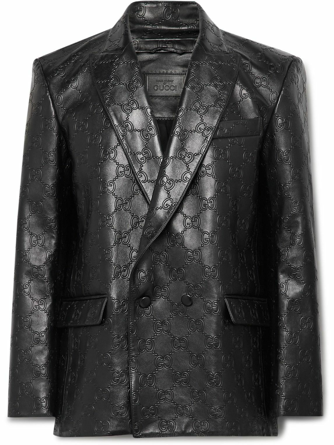 GUCCI - Double-Breasted Logo-Embossed Leather Blazer - Black Gucci