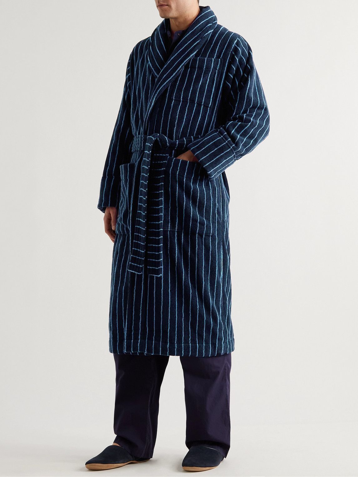 TEKLA - Striped Organic Cotton-Terry Robe - Blue Tekla Fabrics