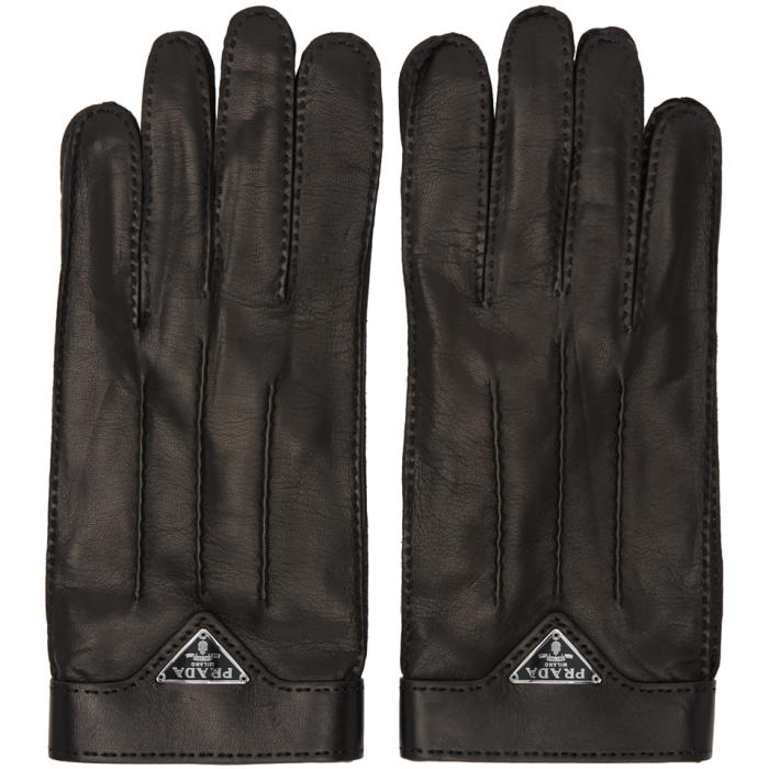 Prada Black Leather Logo Gloves Prada