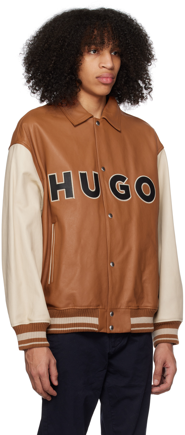 Hugo Orange & Beige Color-Blocked Varsity Leather Jacket Hugo Boss