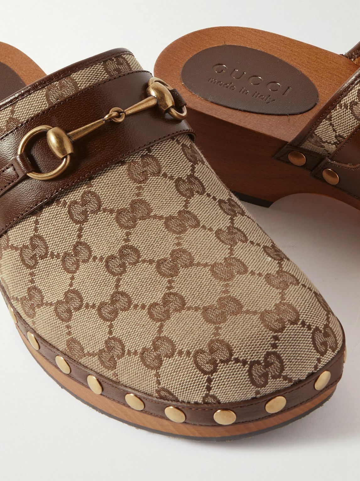 GUCCI - Horsebit Leather-Trimmed Monogrammed Canvas Clogs - Neutrals Gucci