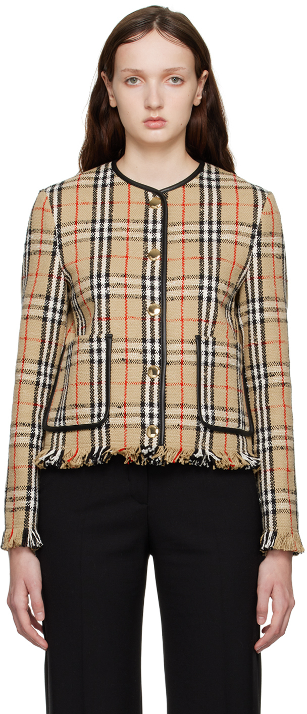 Burberry Beige Vintage Check Collarless Jacket Burberry