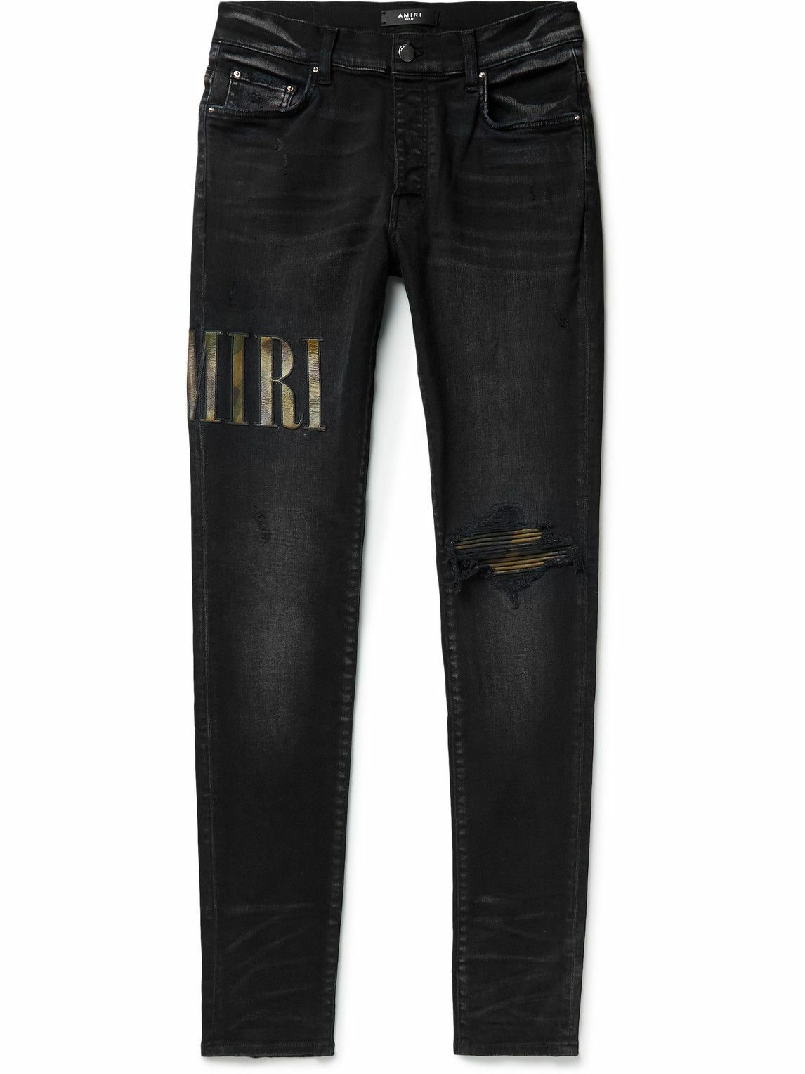 AMIRI - Leather-Trimmed Appliquéd Skinny Jeans - Black Amiri