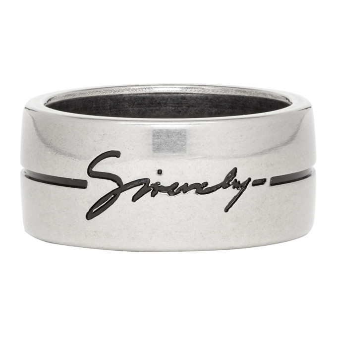 Givenchy Silver and Black Signature Logo Ring Givenchy