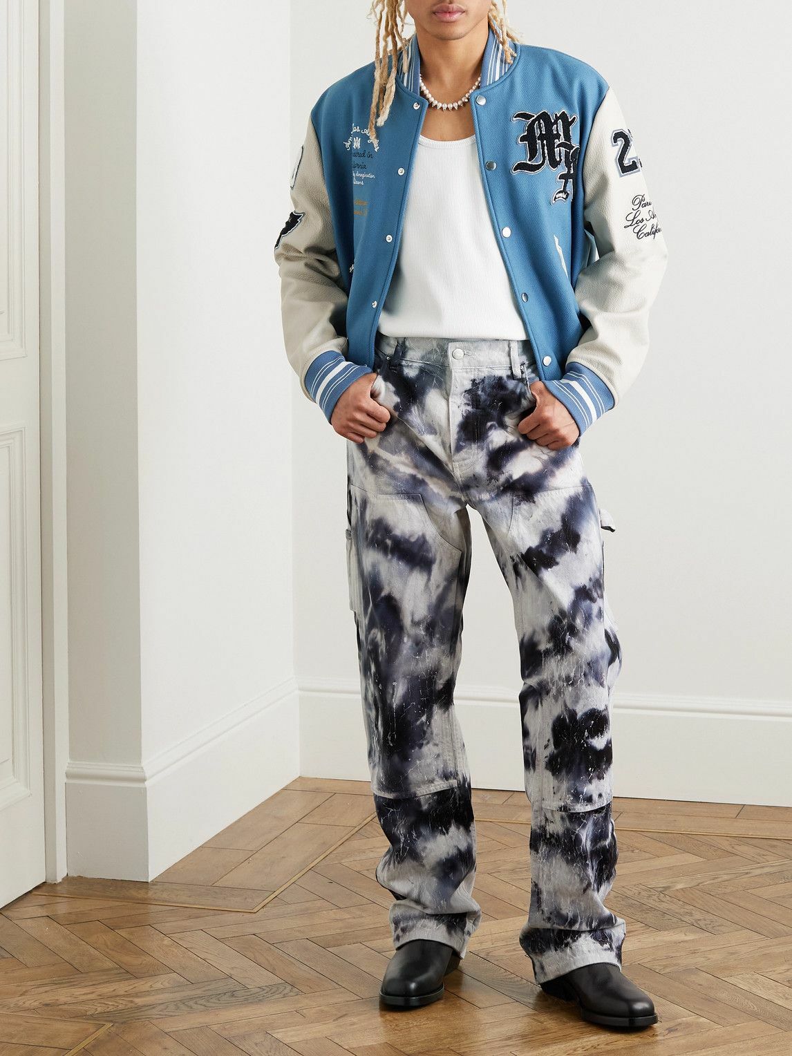 AMIRI - Appliquéd Embroidered Wool-Blend and Leather Varsity Jacket ...
