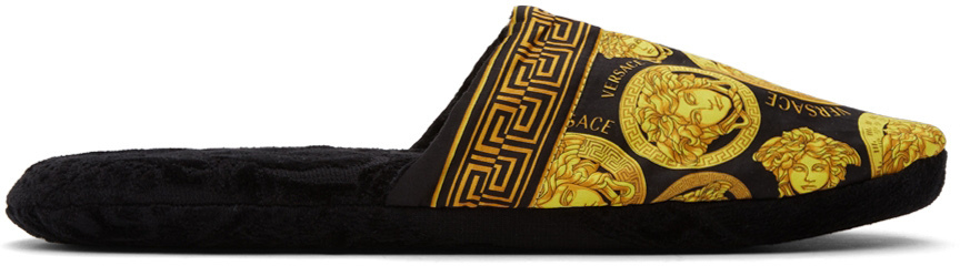 Versace Black & Gold Medusa Amplified Slippers Versace