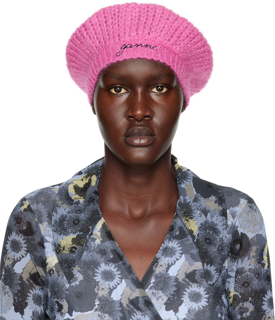 GANNI Pink Embroidered Beret GANNI