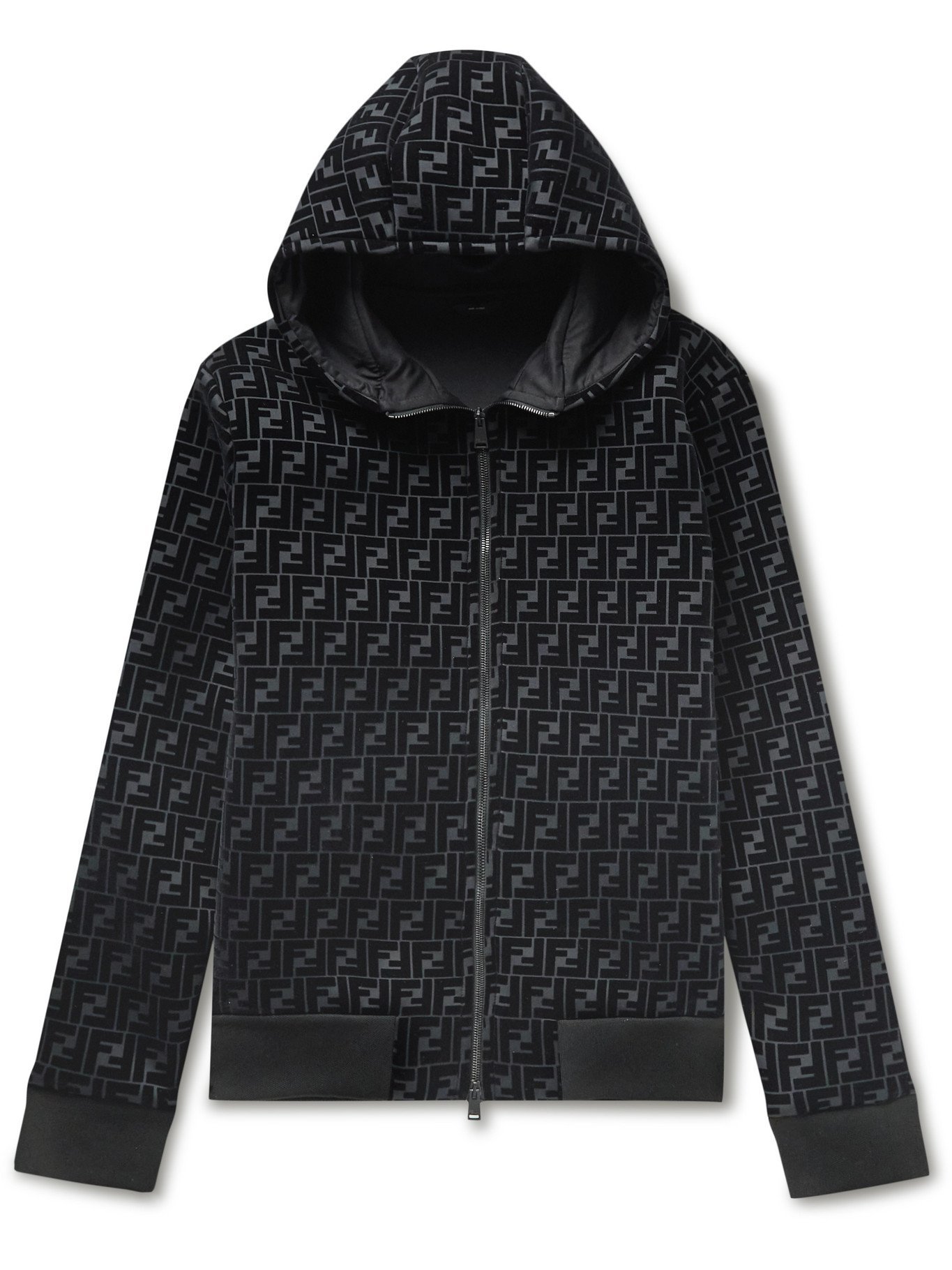 FENDI - Logo-Flocked Stretch-Jersey Hooded Jacket - Black Fendi